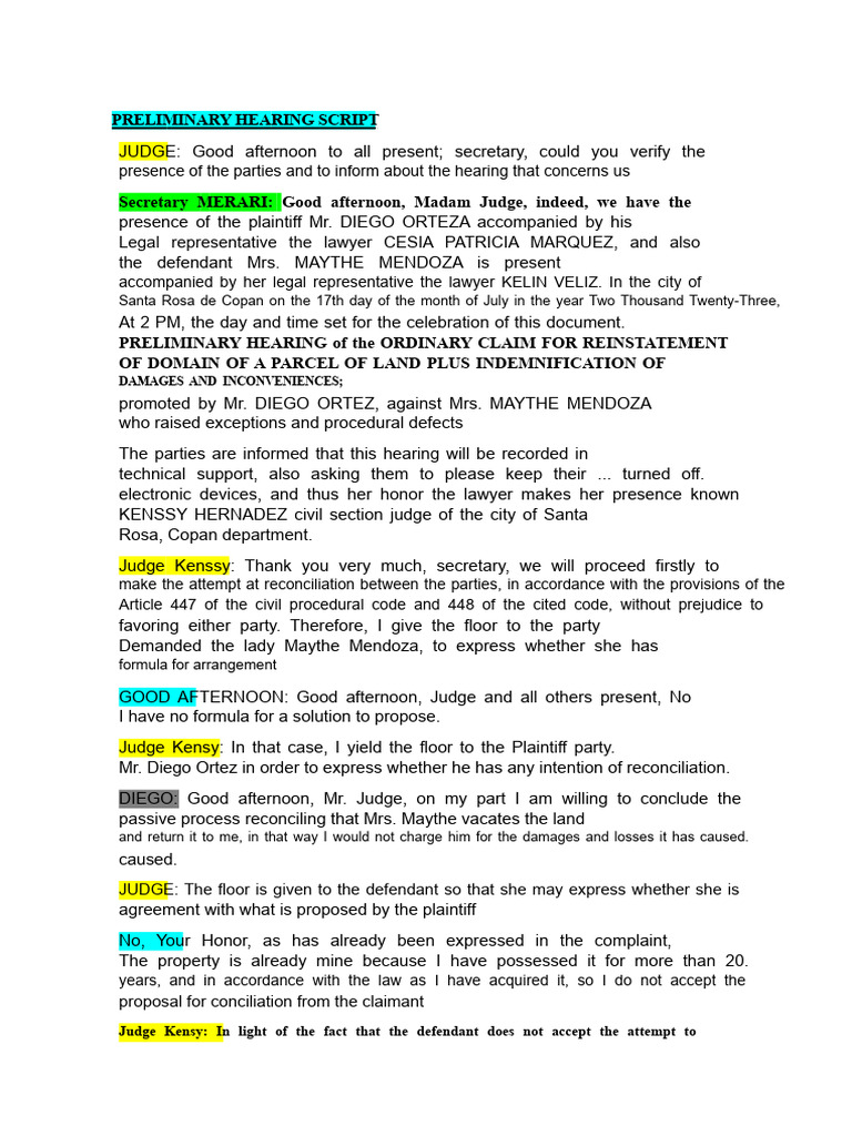 Preliminary Hearing Script for Land Dispute | PDF | Complaint | Damages