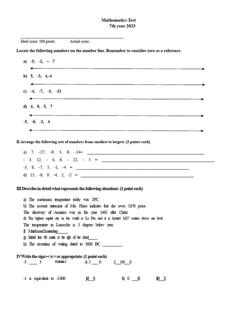 Test of Integers 7th Grade 2023 | PDF | Numbers | Discrete Mathematics