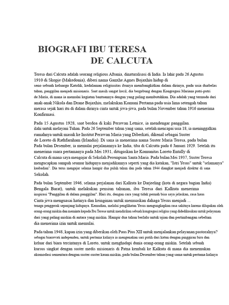 Biografi Ibu Teresa: Pelayanan dan Penghargaan | PDF