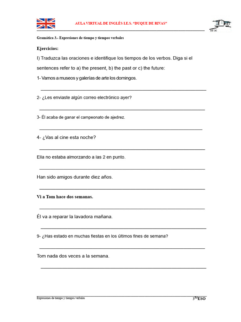 Gramática 3 Expresiones de Tiempo y Tiempos Verbales. Ejercicios y ...
