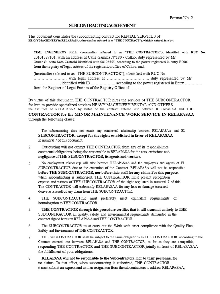 Annex 2 MODEL OF SUBCONTRACTING CONTRACT | PDF | Subcontractor | Indemnity