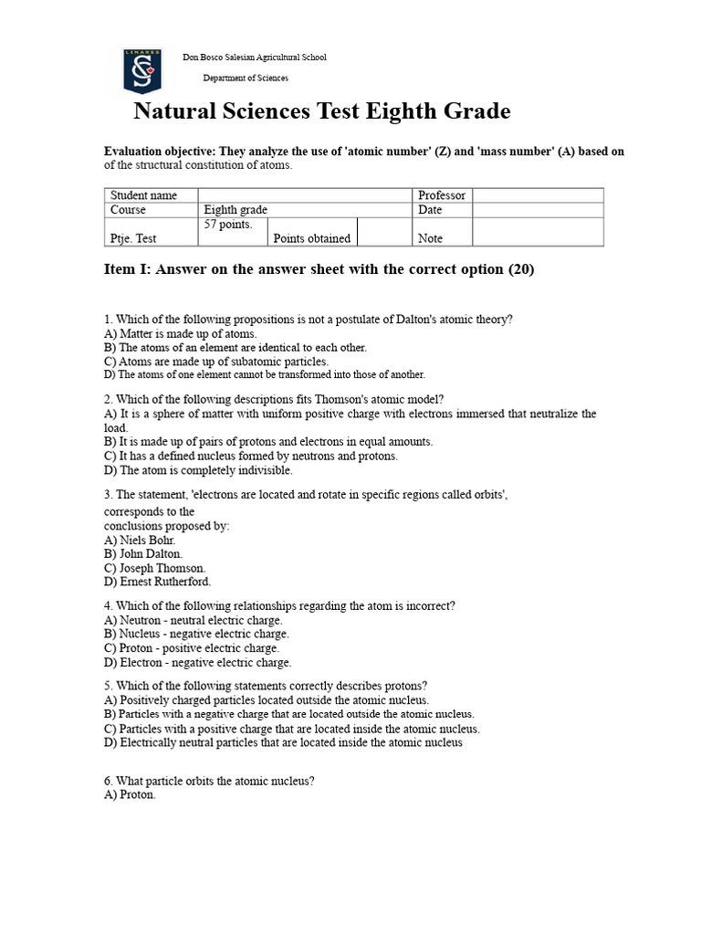 Eighth Grade Natural Sciences Test | PDF | Atoms | Ion