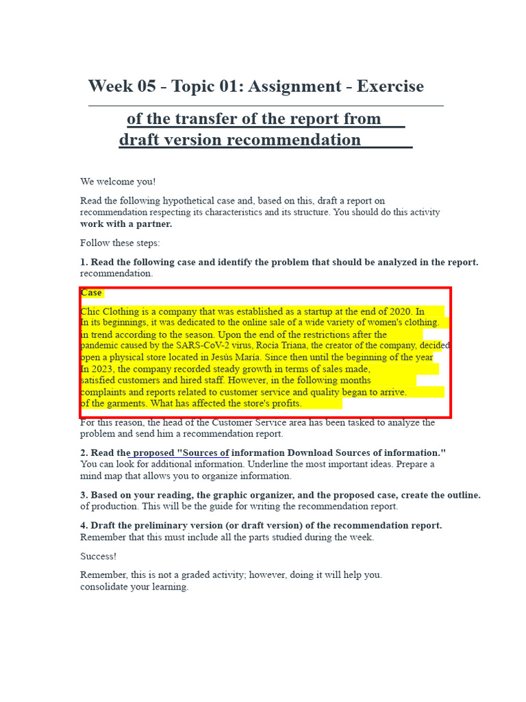 Week 05 - Topic 01 Assignment - Transfer Exercise of The Recommendation Report Draft Version ...