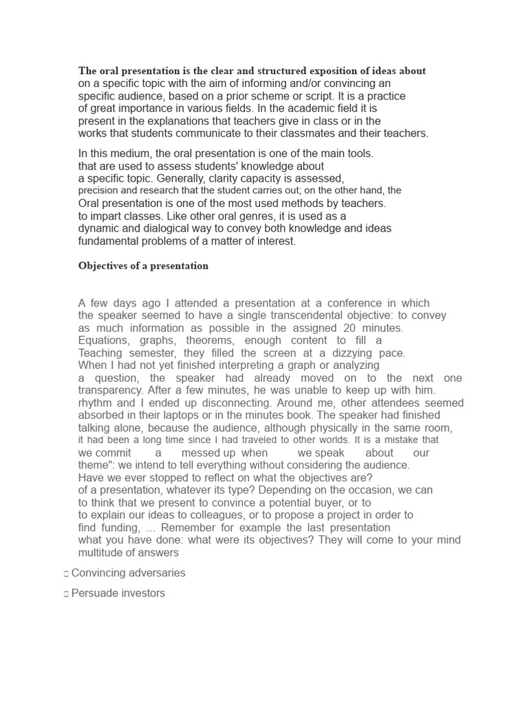 The Oral Presentation Is The Clear and Structured Exposition of Ideas ...