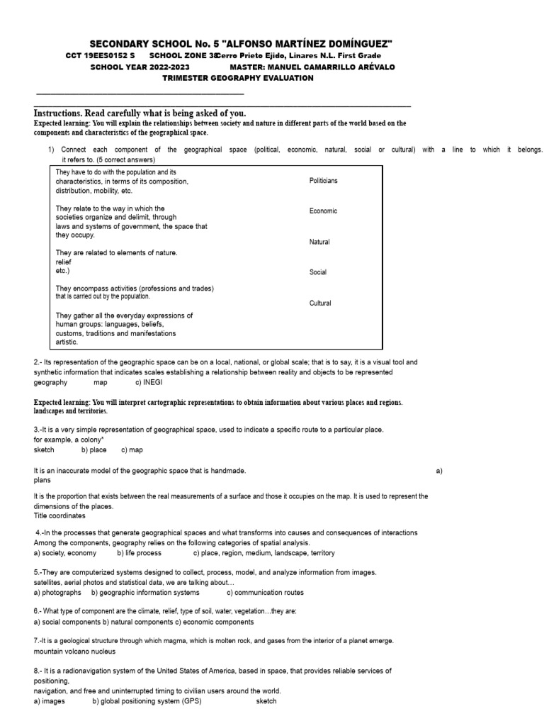 First Trimester Geography Exam First Year 22-23 | PDF | Earth | Oceans