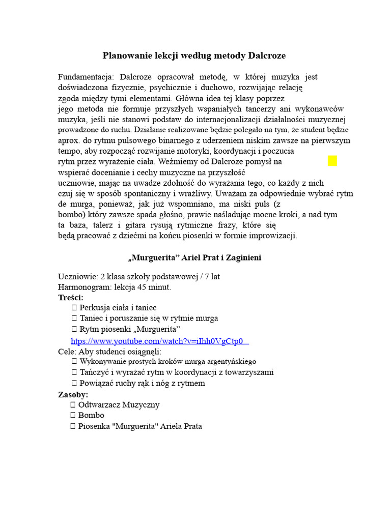 Albanesi Luciano - Didaktyka Planowanie Zajęć Zgodnie Z Metodą Dalcroze 2 Klasa Z Komentarzami | PDF