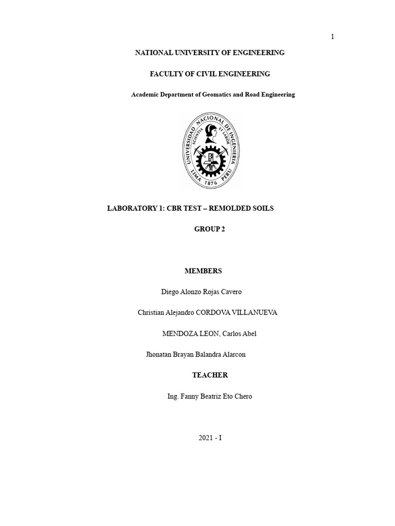 Laboratory 1 - Group 2 - CBR Test On Remolded Soils | PDF