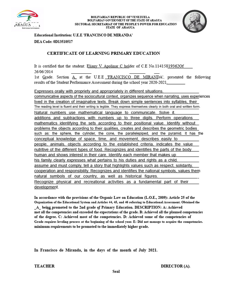 Certificate of Learning Primary Education 2021 | PDF | Writing | Knowledge