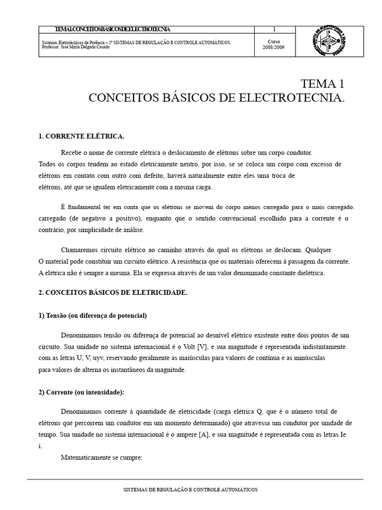 Tema 01 - Conceitos Básicos de Eletrotécnica | PDF | Eletricidade | Energia elétrica