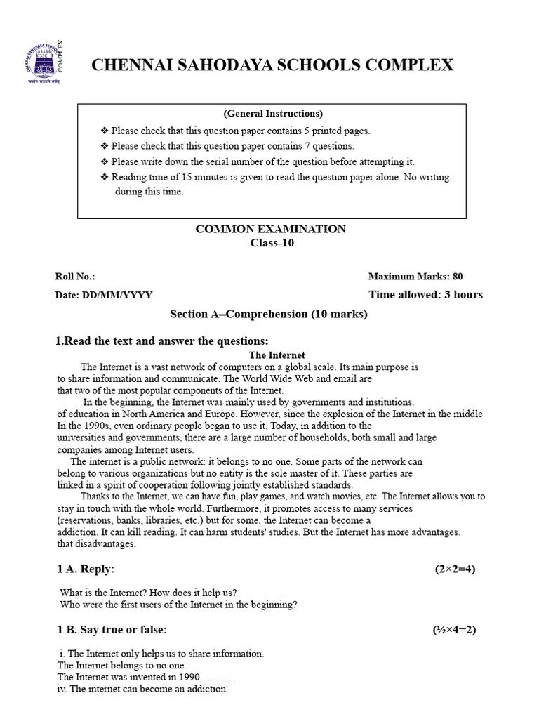 Chennai Sahodaya Class 10 Exam Paper | PDF | Internet | Grammatical ...