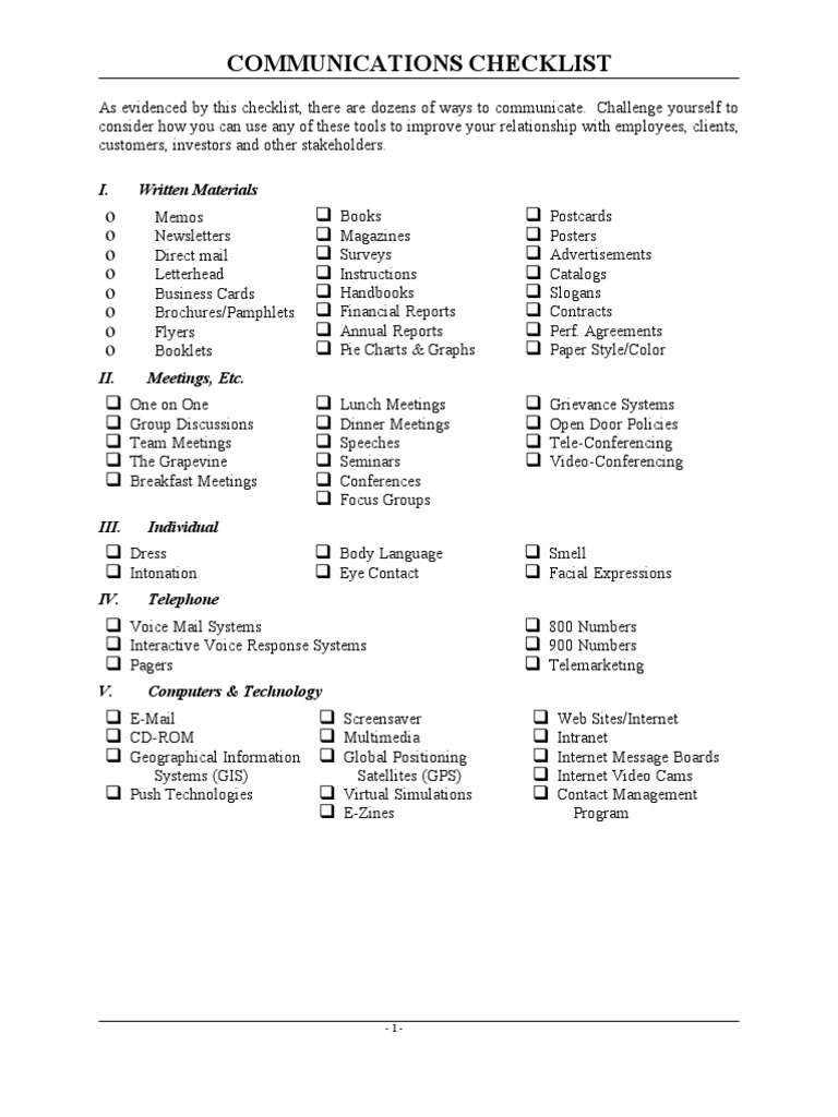Communications Checklist | PDF | Business | Social Science