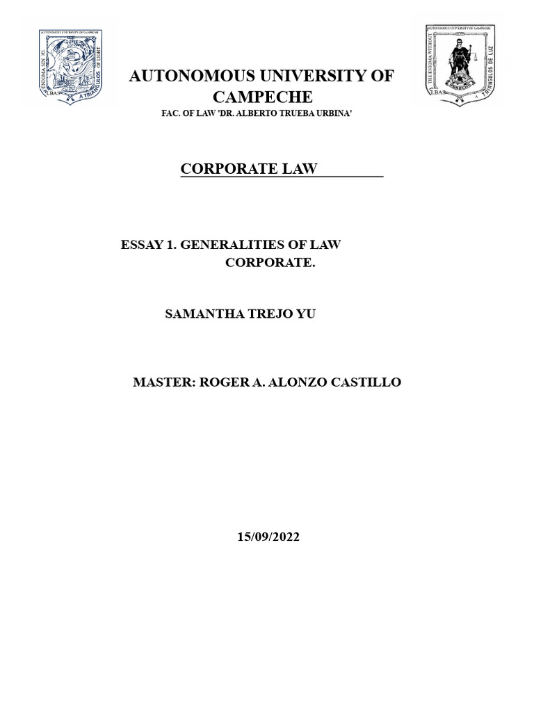 Generalities of Corporate Law Essay | PDF | Corporate Law | Corporations