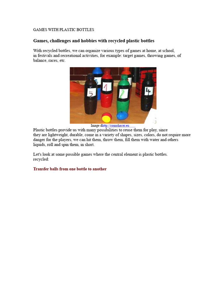 Fun Games Using Recycled Bottles | PDF | Bottle | Plastic