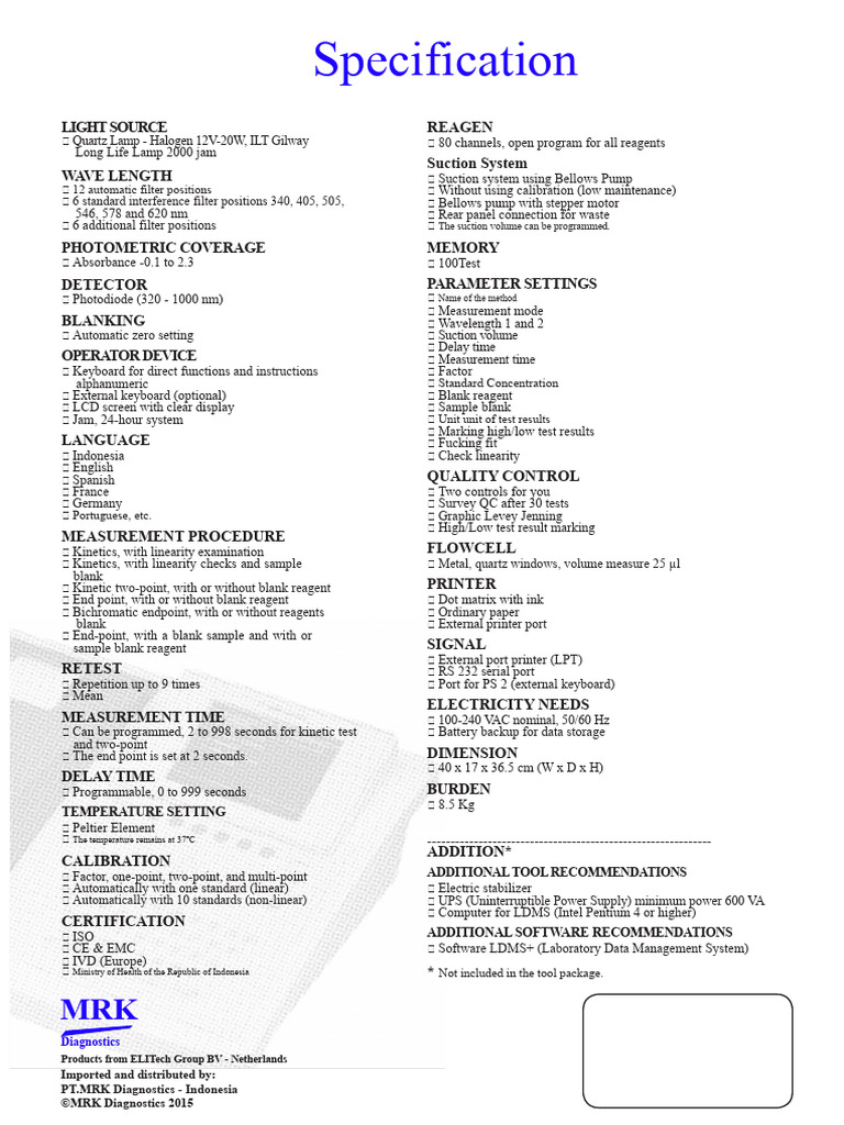 Microlab 300 Specifications | PDF | Spectrophotometry | Electronics