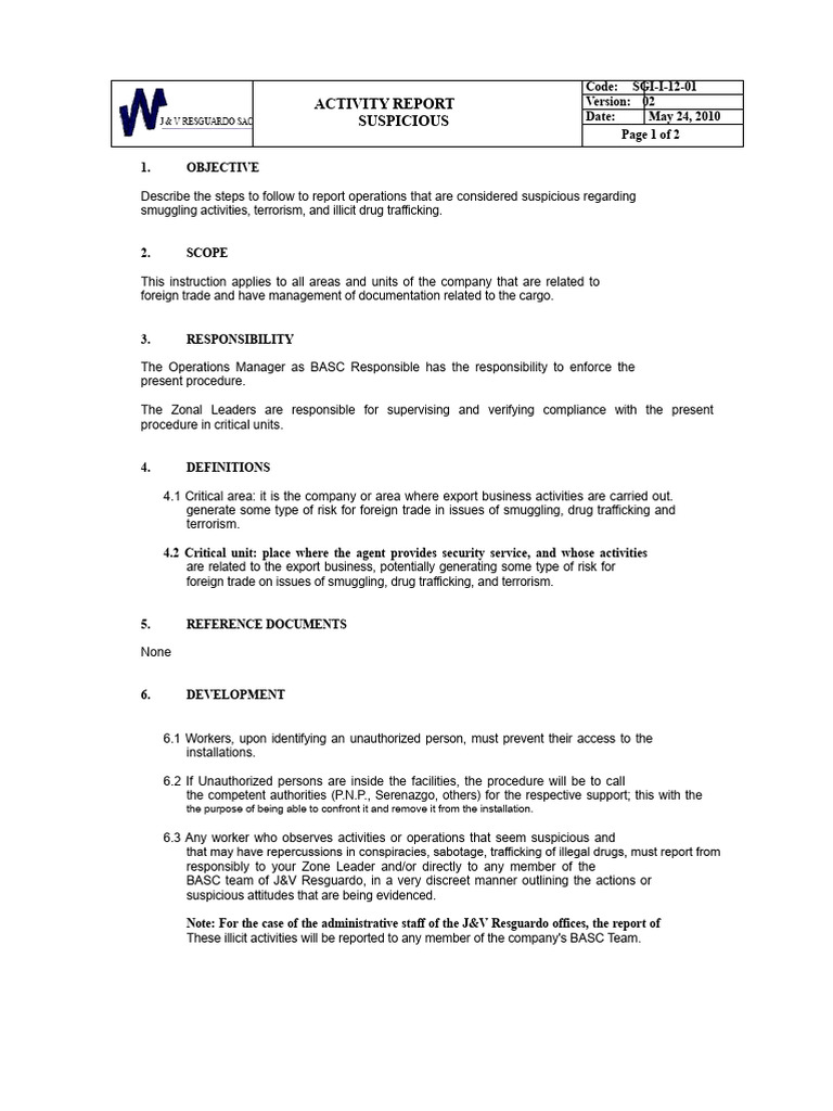 Reporting Suspicious Activities Protocol | PDF | Smuggling | Crimes