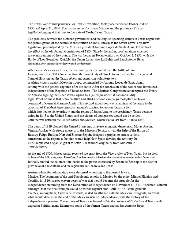 The Texas War of Independence | PDF | Mexican Texas | Texas Revolution