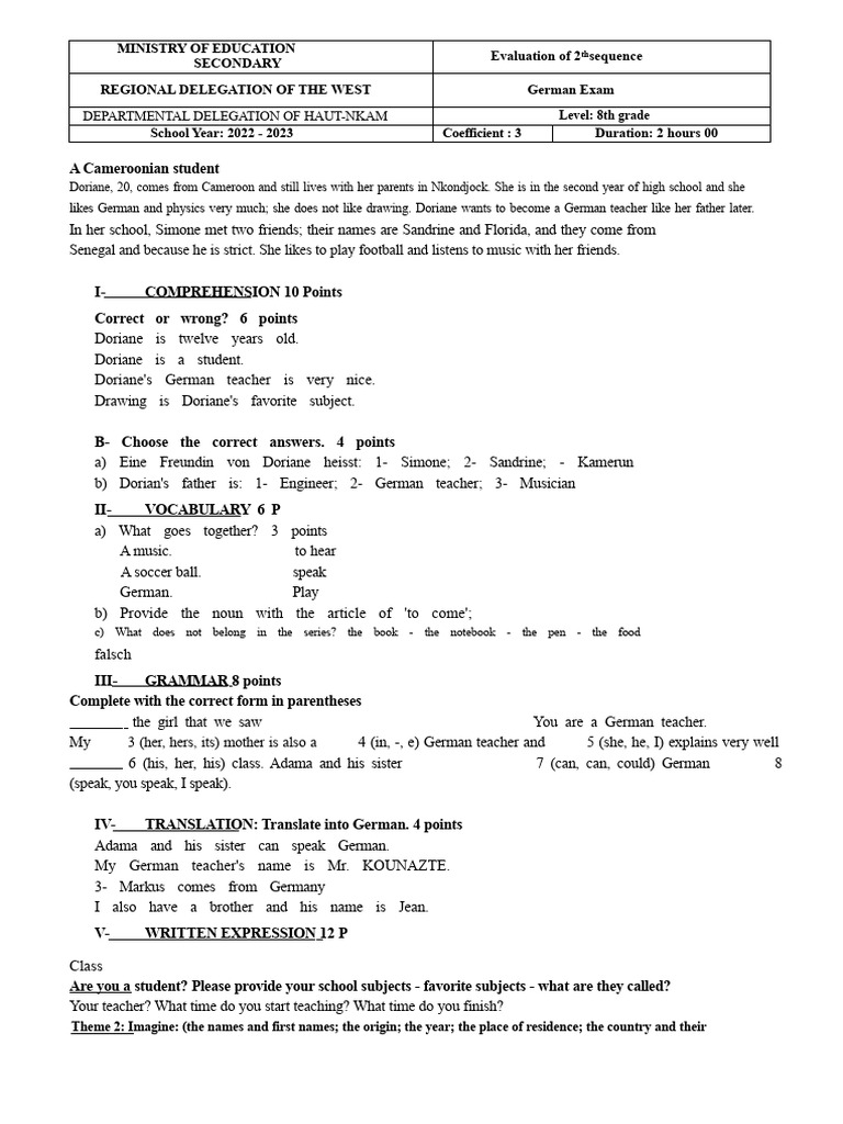 German Exam for 8th Grade Students | PDF | Linguistics | Human ...