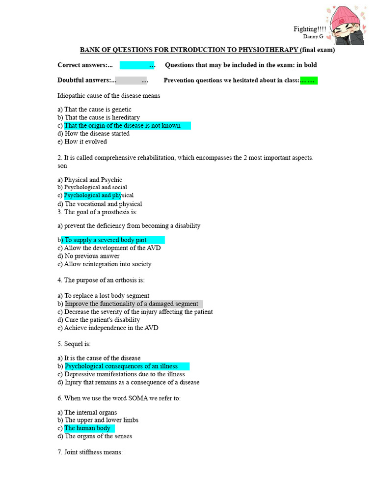 Bank of Questions For Introduction To Physiotherapy (Final Exam) | PDF ...