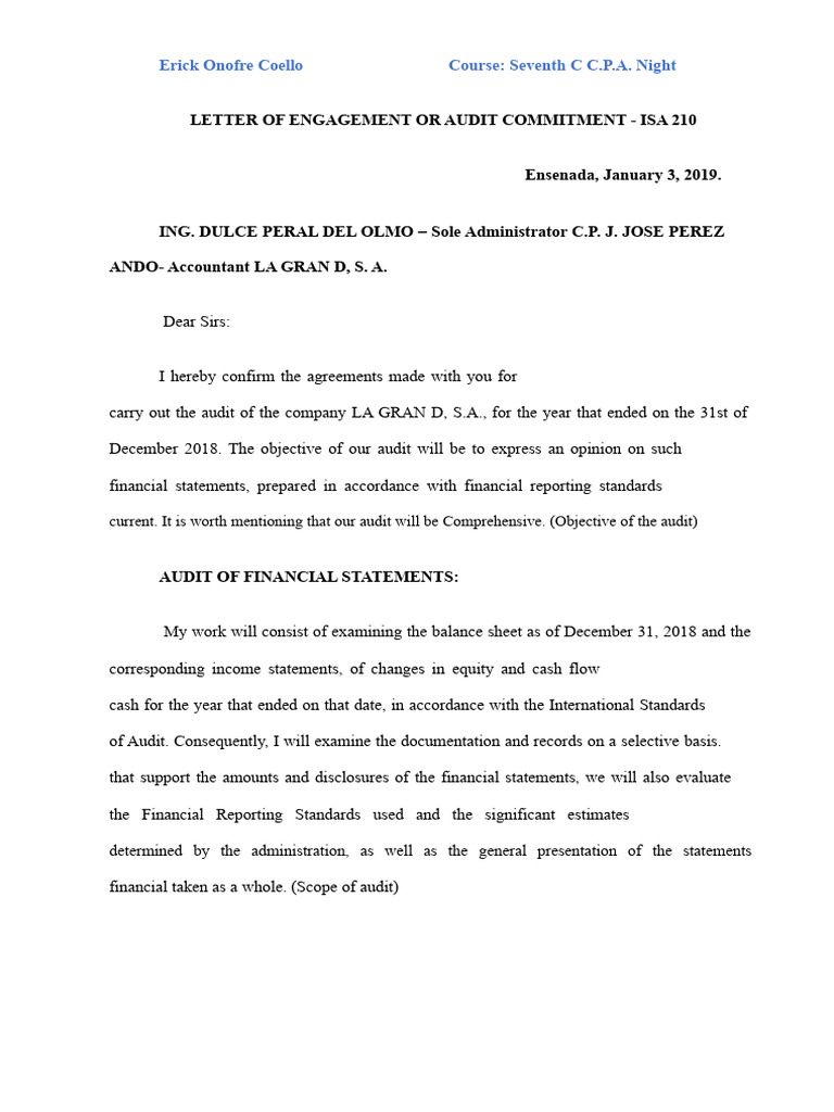 Letter of Engagement or Audit Commitment - Isa 210 Erick Onofre | PDF ...