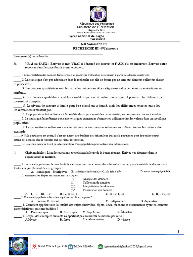 Évaluation Sommative 1 Recherche III 4ème Trimestre | PDF | Statistiques