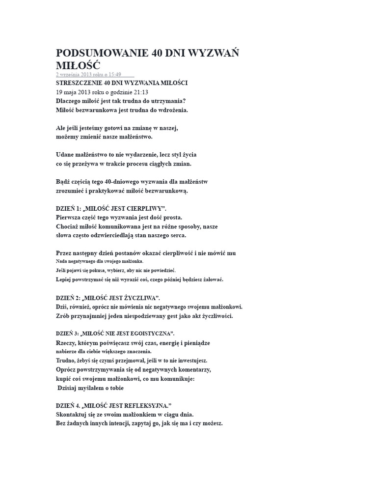 Podsumowanie 40 Dni Wyzwania Miłości | PDF