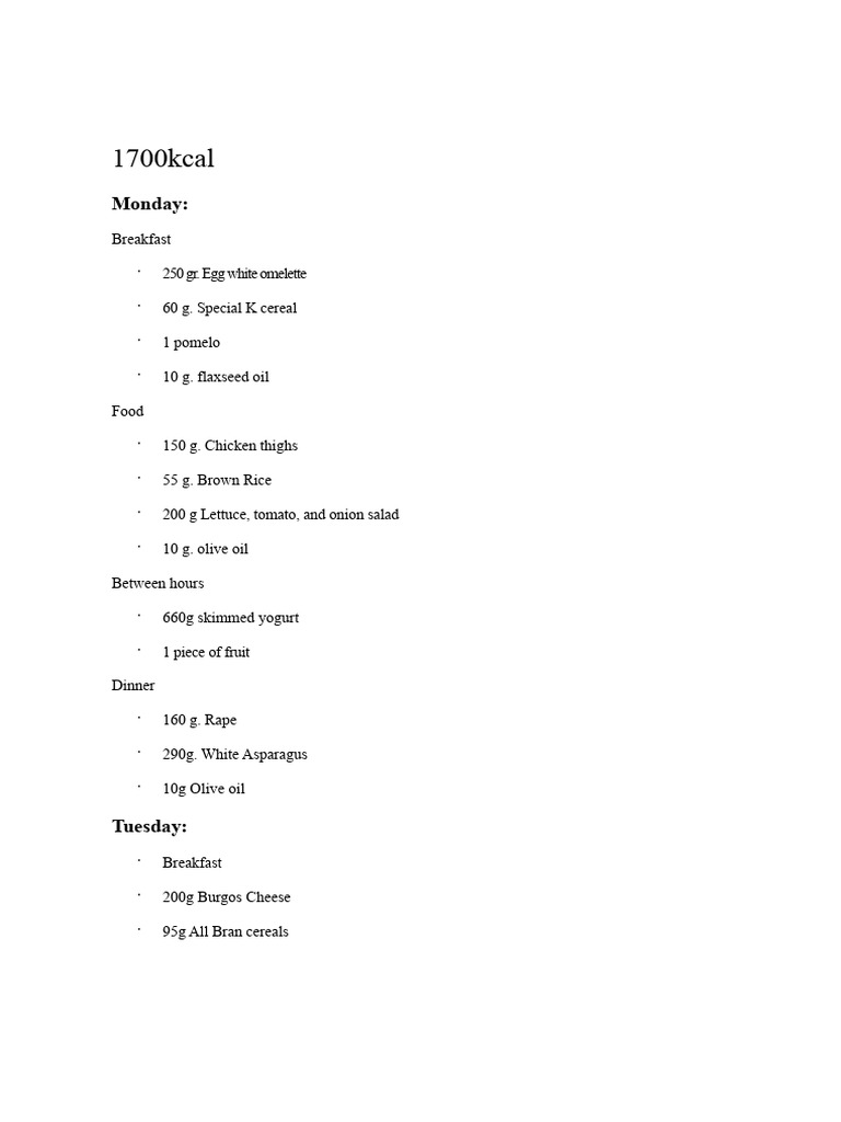 Weekly Menu Model of 1700 Kcal Routine. | PDF | Foods | Salad