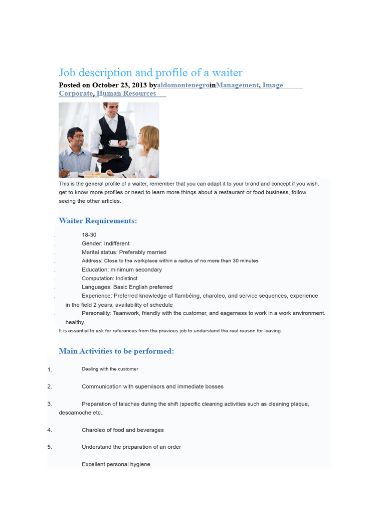 Job Description and Profile of A Waiter | PDF | Waiting Staff | Cash