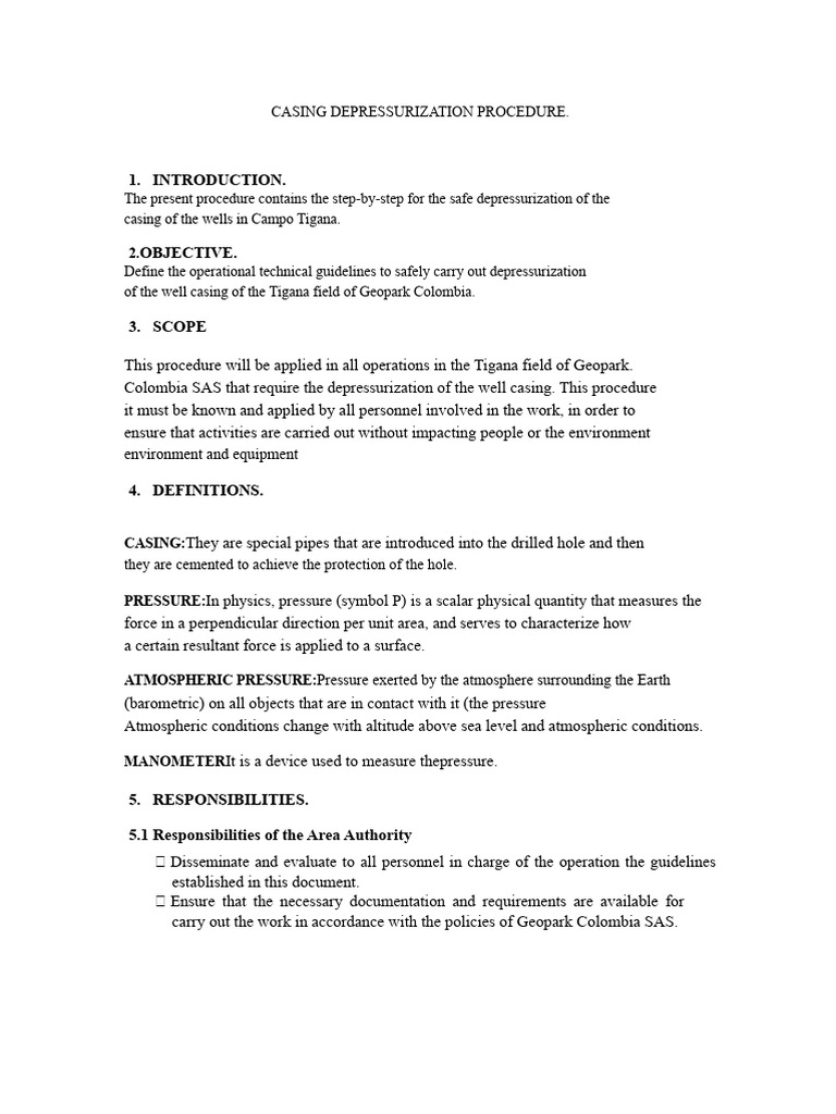 Casing Depressurization Procedure | PDF | Pressure