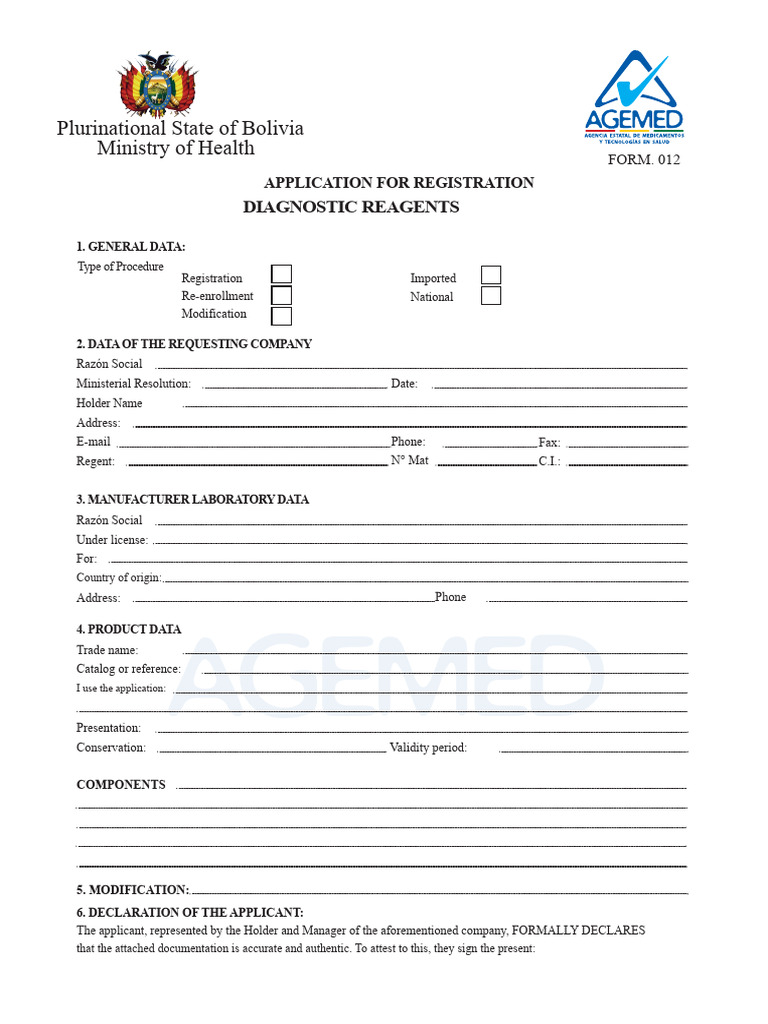 Bolivia Diagnostic Reagents Registration Form | PDF