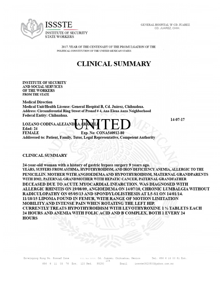 Clinical Summary: 24-Year-Old Female Patient | PDF | Diseases And ...