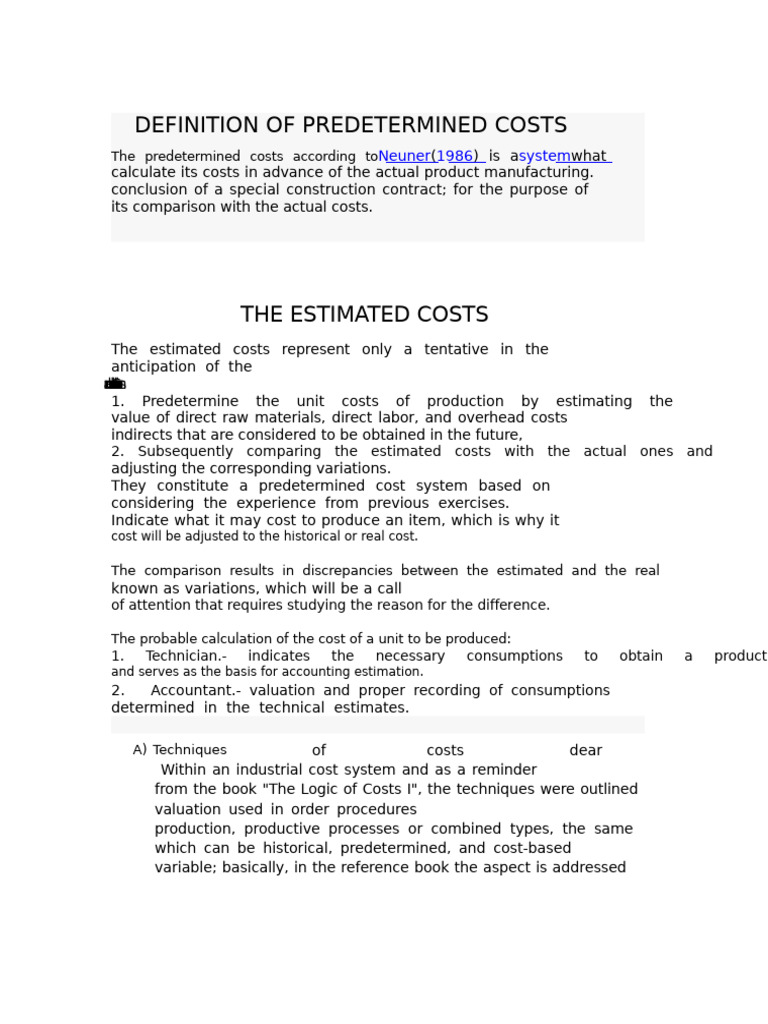 Definition of Predetermined Costs | PDF | Valuation (Finance) | Cost Of ...