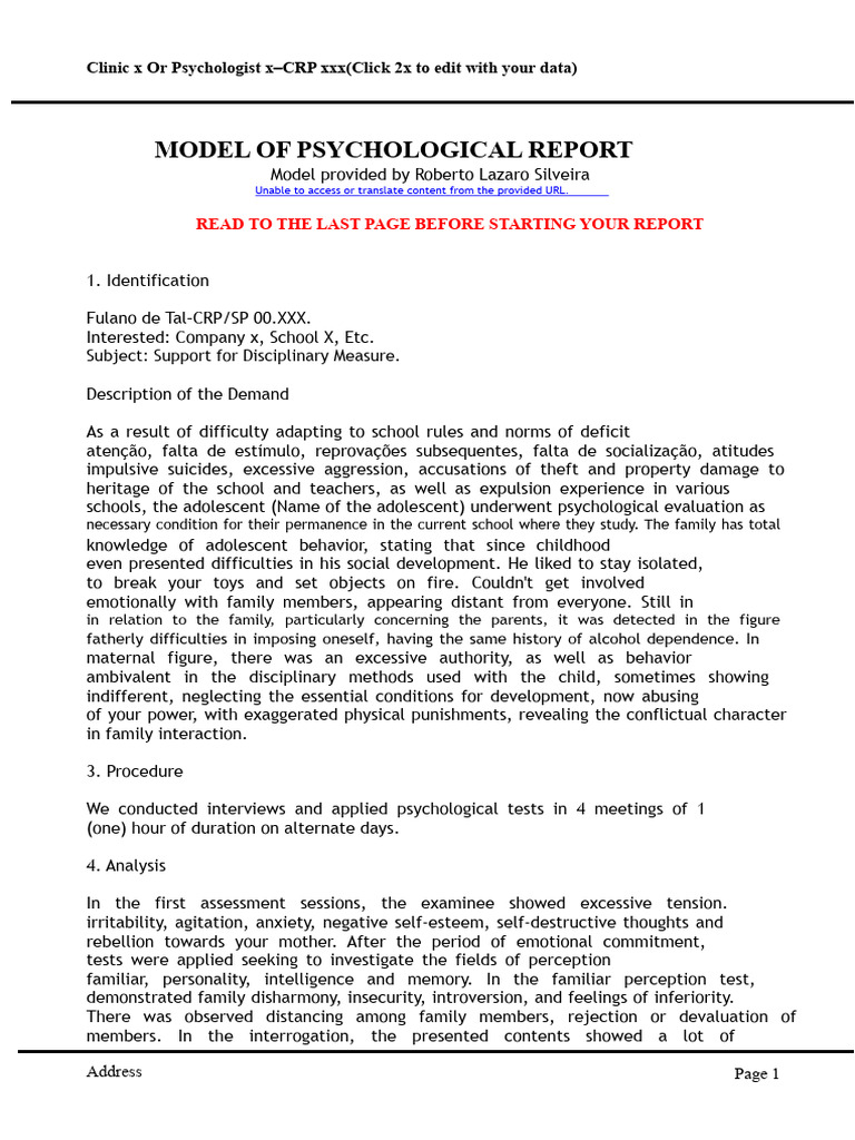 Model - Psychological Report 01 | PDF | Psychology | Psychologist