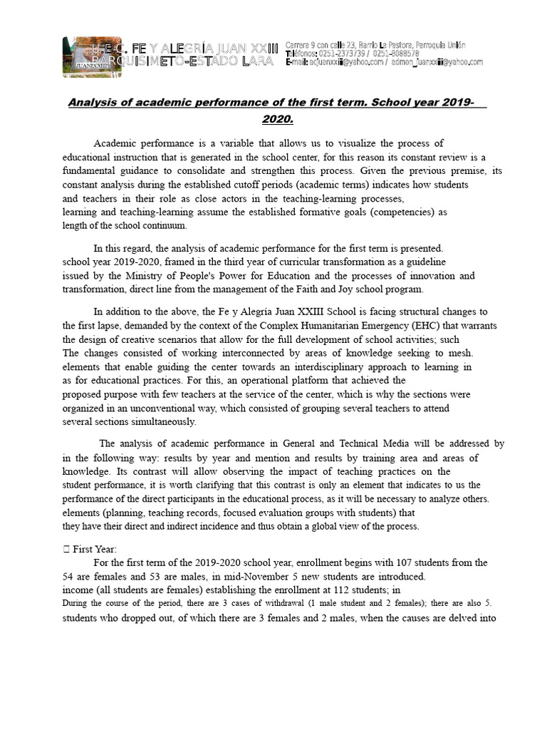 Academic Performance of The First Term SCHOOL YEAR 2019-2020 (1A3 ...