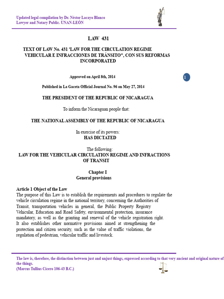 Nicaragua Law 431: Vehicle Circulation Regulations | PDF | Traffic | Road