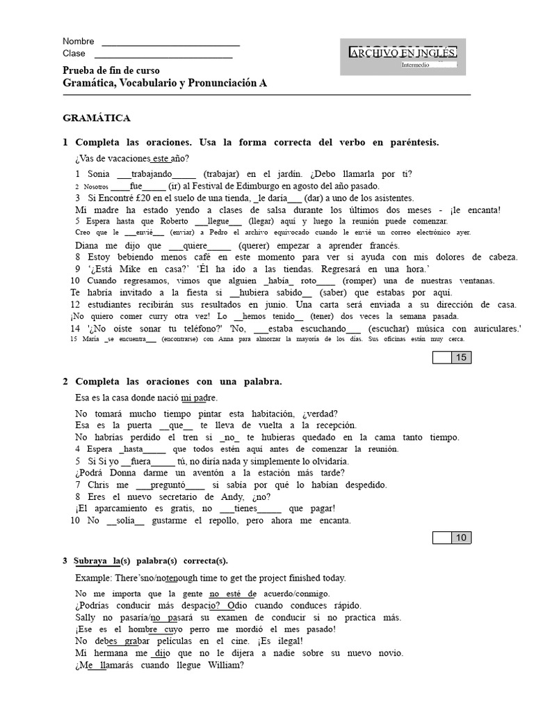 Prueba Final: Gramática y Vocabulario A | PDF | Expresión facial ...