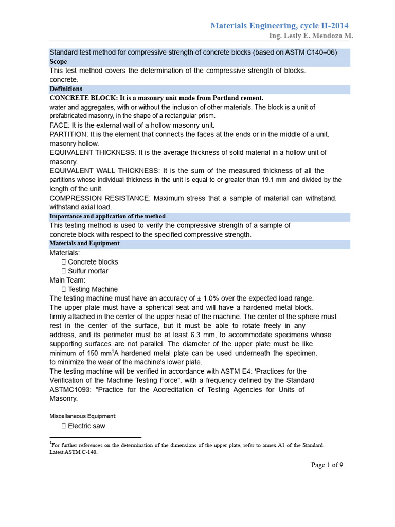 Standard Test Method For Compression of Concrete Blocks | PDF ...