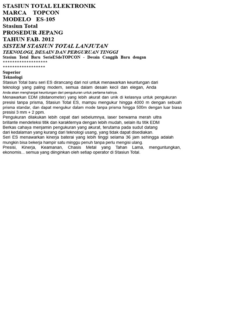 Stasiun Total Elektronik Topcon ES-105 | PDF