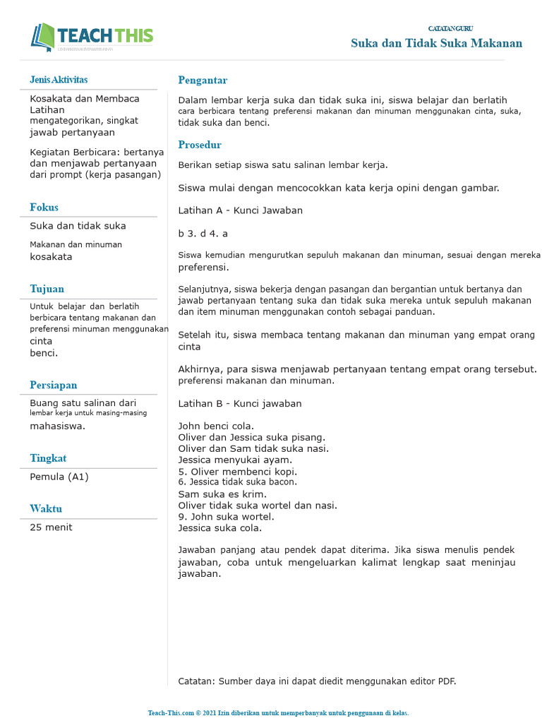 Aktivitas Suka dan Tidak Suka Makanan | PDF