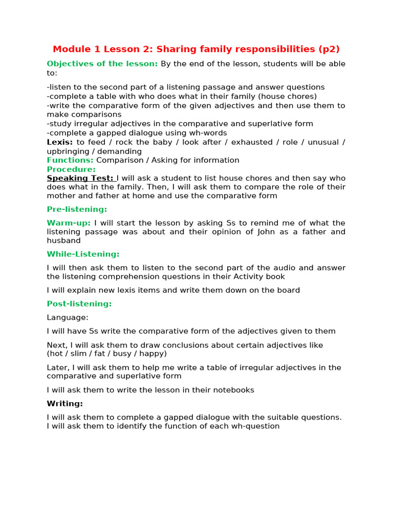 Sharing Family Responsibilities Lesson 2 | PDF