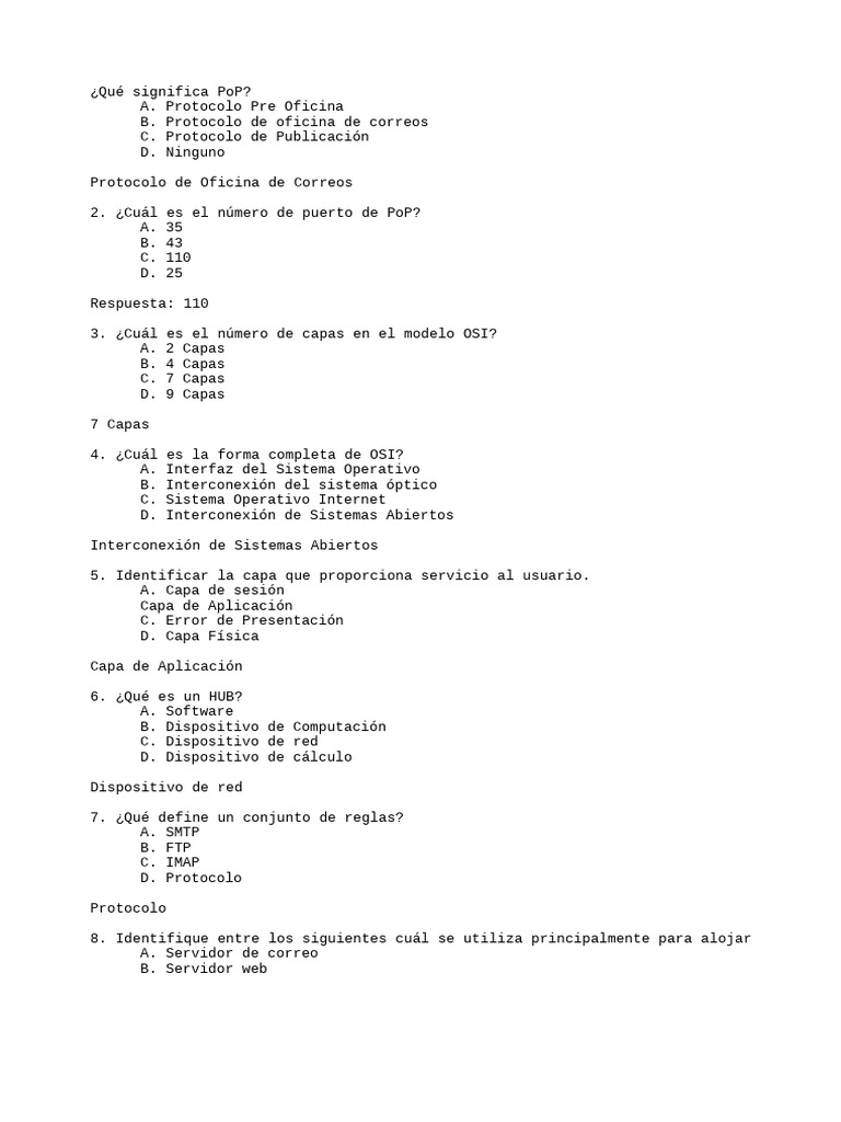 Cuestionario de Redes de Computadoras - 2 Con Respuestas | PDF | Red de computadoras | Modelo osi