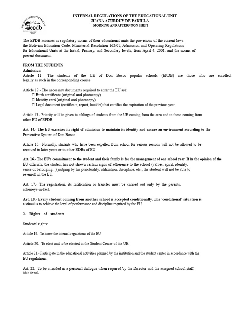 Internal Regulations of The Educational Unit | PDF | Teachers
