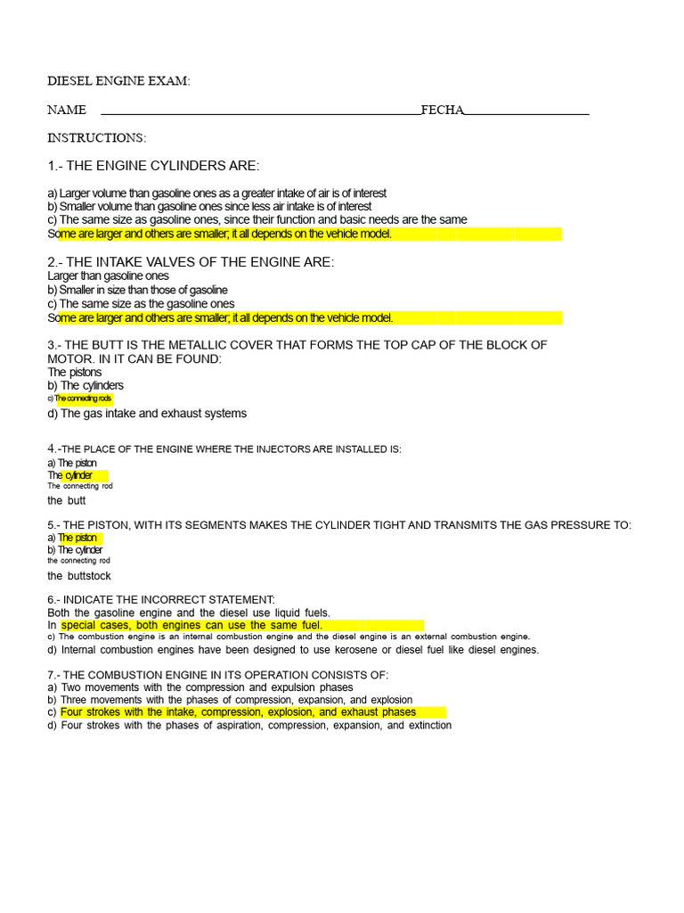 Diesel Engine Exam Questions and Answers | PDF | Internal Combustion ...