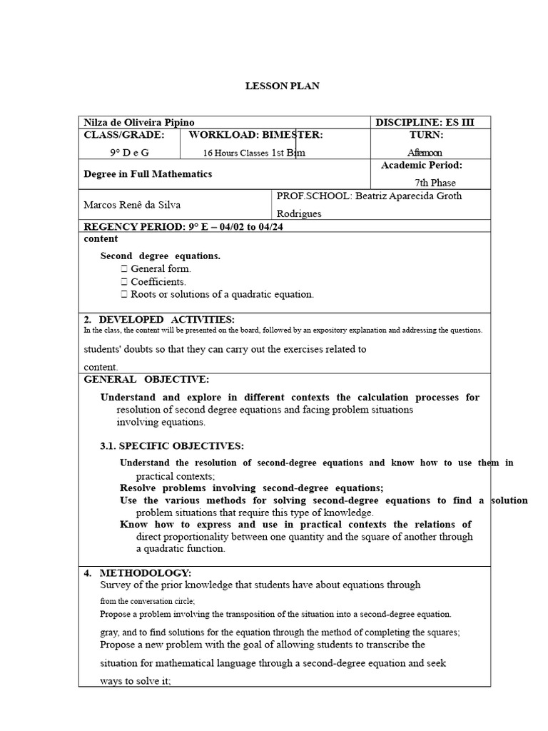 Lesson Plan 9th Grade E | PDF | Quadratic Equation | Equations