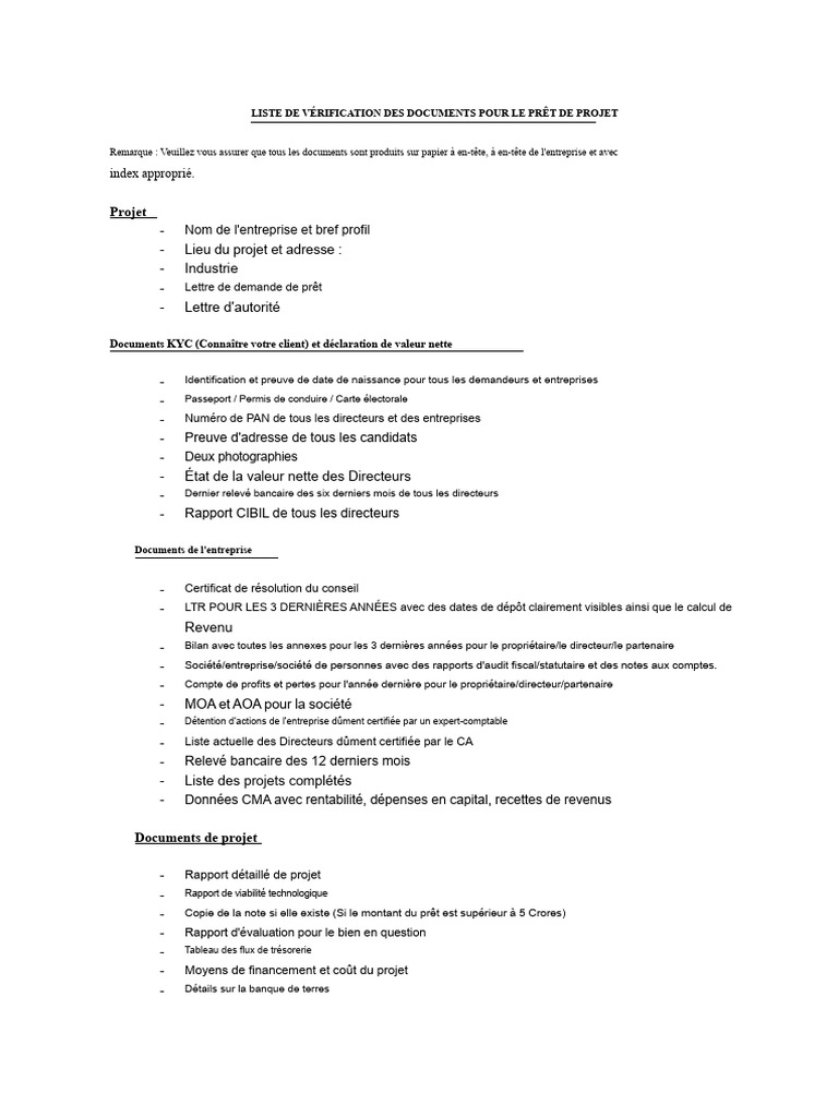 Liste de Vérification Des Documents Pour Le Prêt de Projet | PDF ...