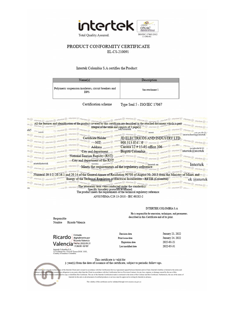 Certificate For Polymer Insulators, Circuit Breakers, and Lightning ...