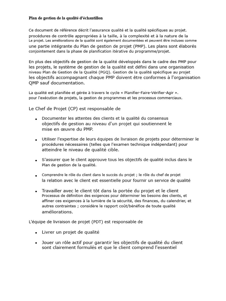 Plan de Gestion de la Qualité Projet | PDF | Management de la qualité ...