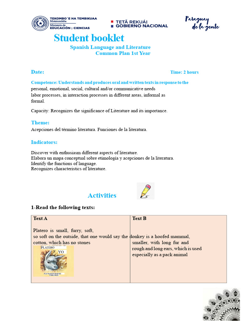 Student Booklet: Spanish Language and Literature Common Plan 1st Year ...