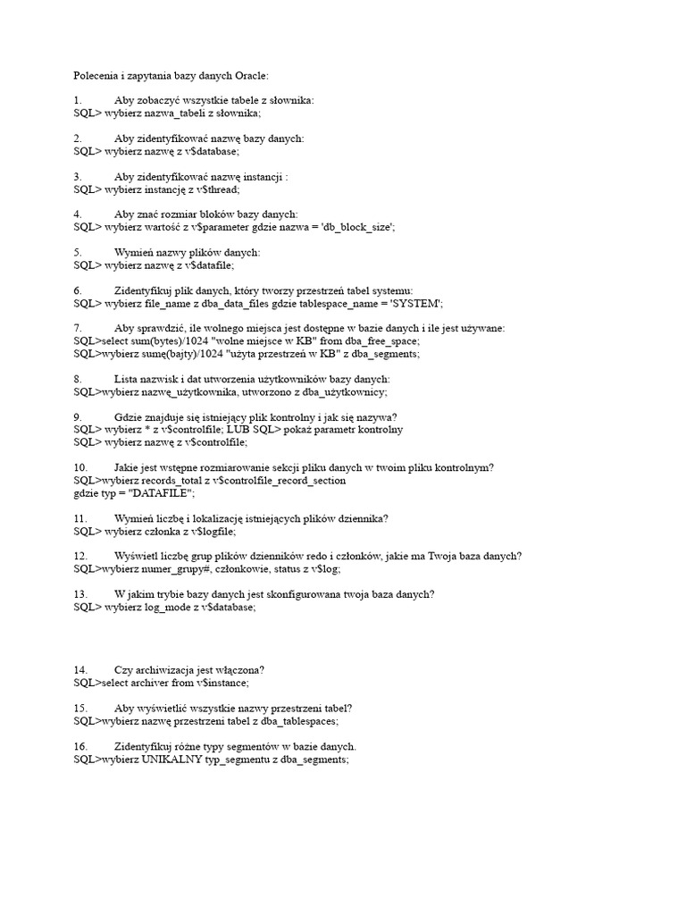 Podstawowe Polecenia Bazy Danych Oracle | PDF
