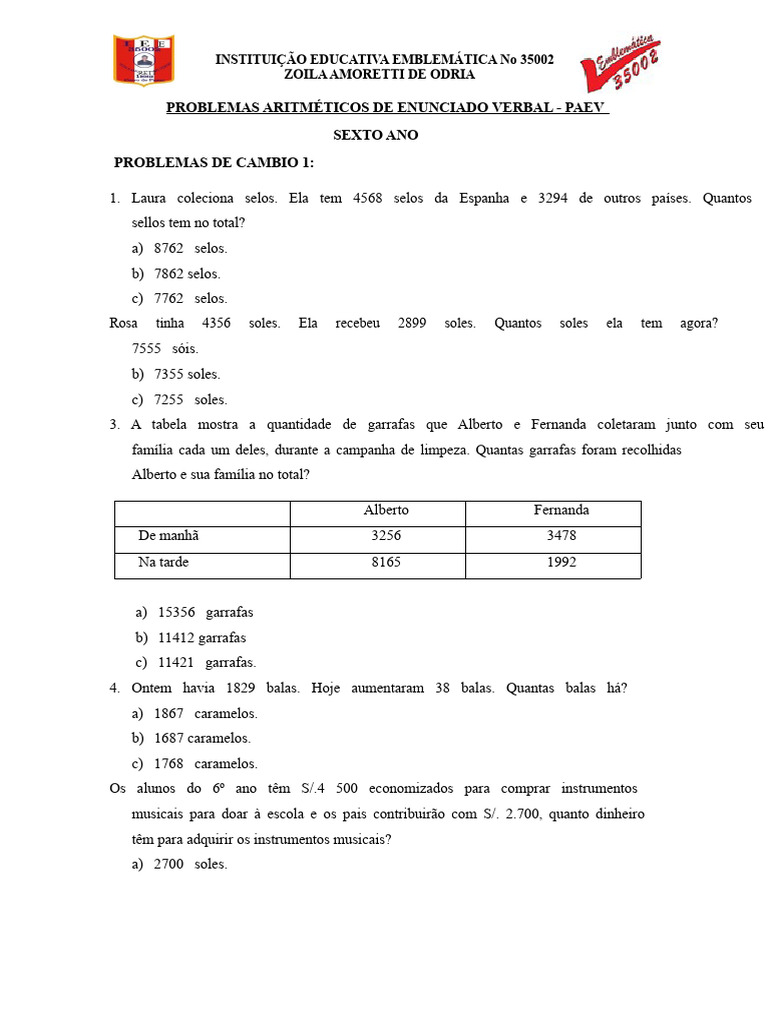 Problemas Aritméticos de Enunciado Verbal | PDF