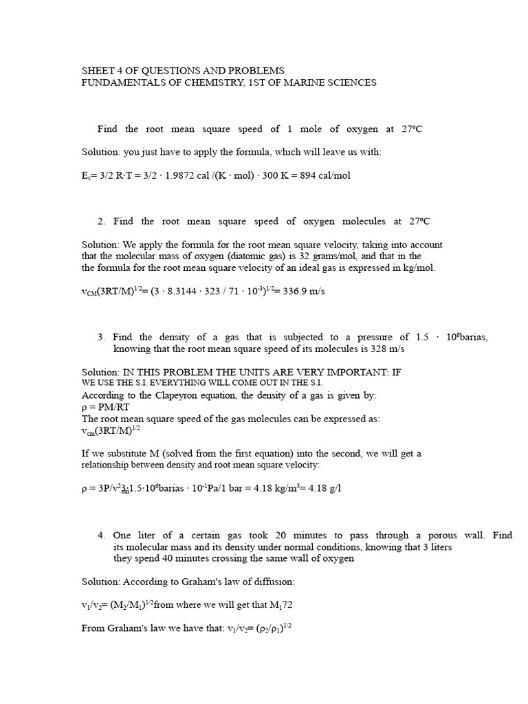 Resolved Problems Kinetic Molecular Theory PDF | PDF | Gases | Mole (Unit)